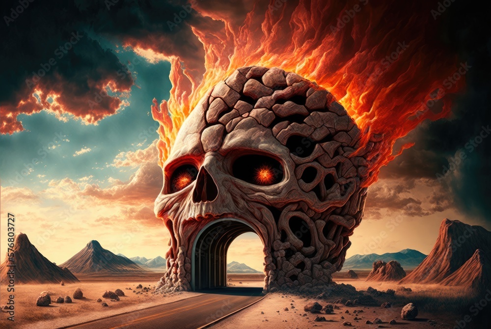Road to hell through evil demonic skull gate entrance, infernal ...