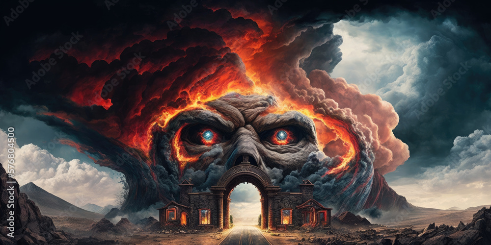Road to hell through evil demonic skull gate entrance, infernal ...