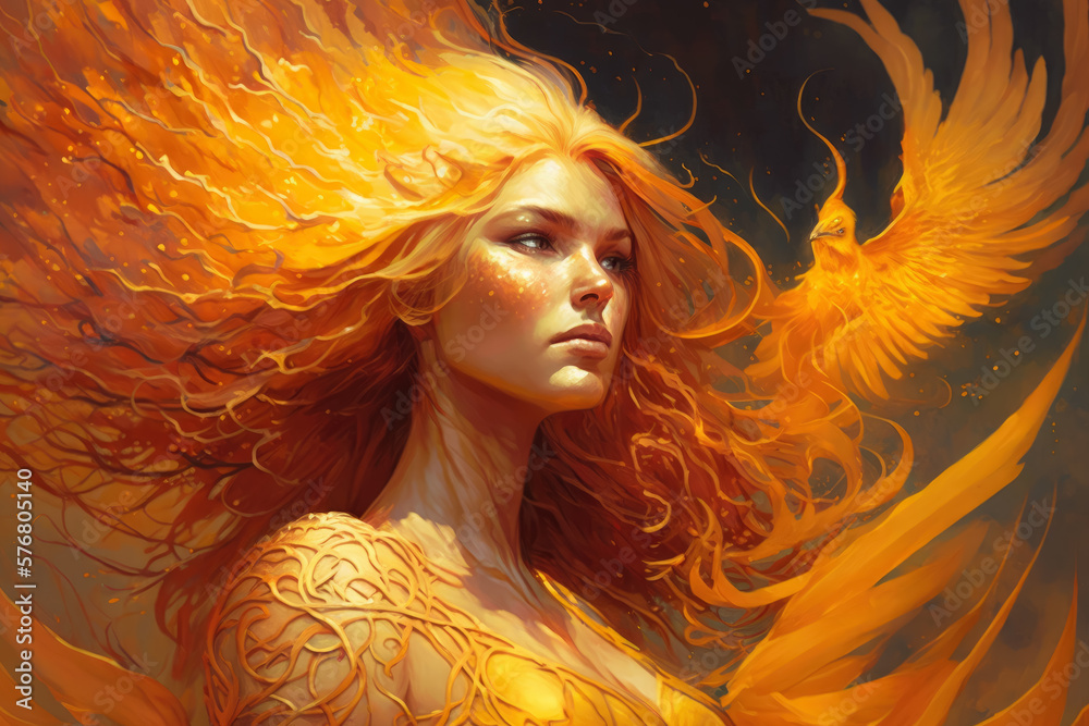 Golden Phoenix bewitching woman with long golden hair wearing a fiery ...