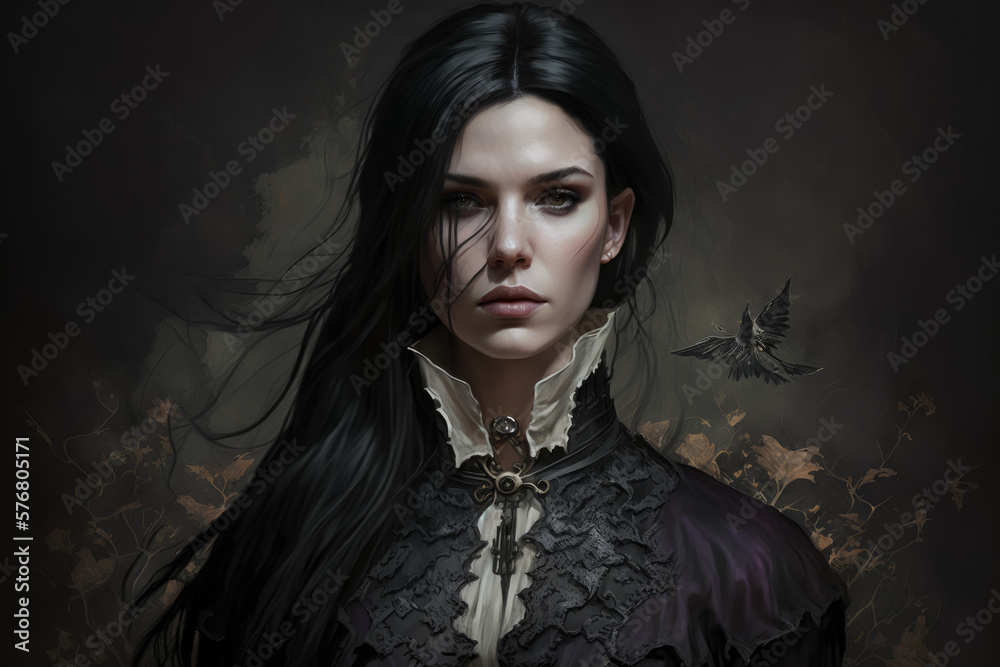 Gothic-Inspired portrait of a Woman with Jet Black Hair and a ...