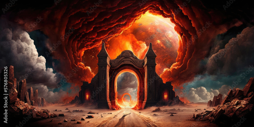 Road to hell through evil demonic arched gate entrance, infernal ...