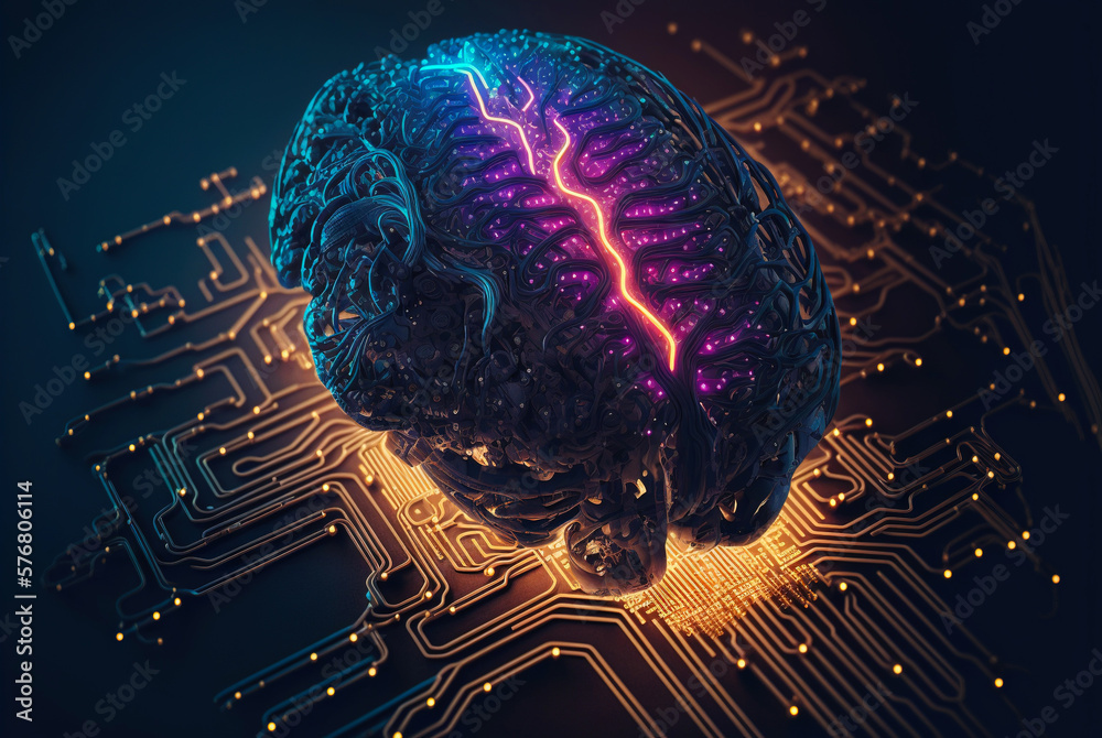 Cyber brain of Artificial Intelligence. Wires and circuit attached ...