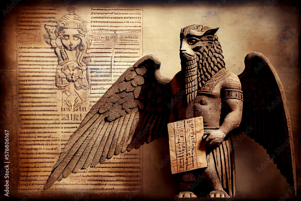 Ancient Sumerian text superimposed on papyrus texture and a winged ...