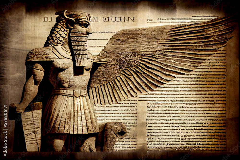 Ancient Sumerian text superimposed on papyrus texture and a winged ...