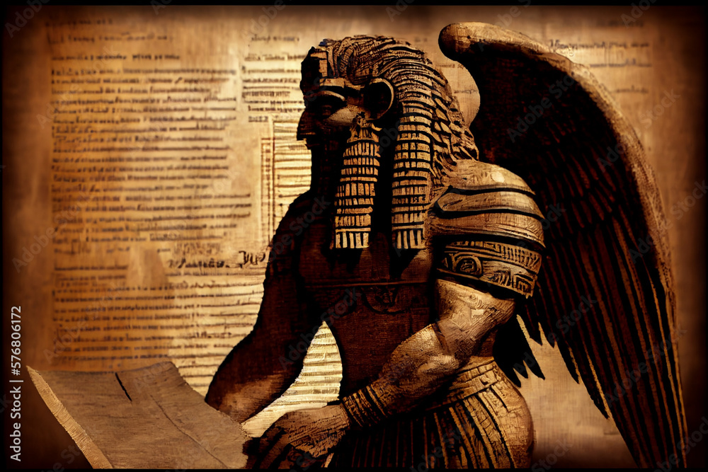 Ancient Sumerian text superimposed on papyrus texture and a winged ...