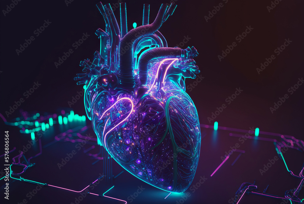 Cyber heart of Artificial Intelligence. Wires and circuit attached ...