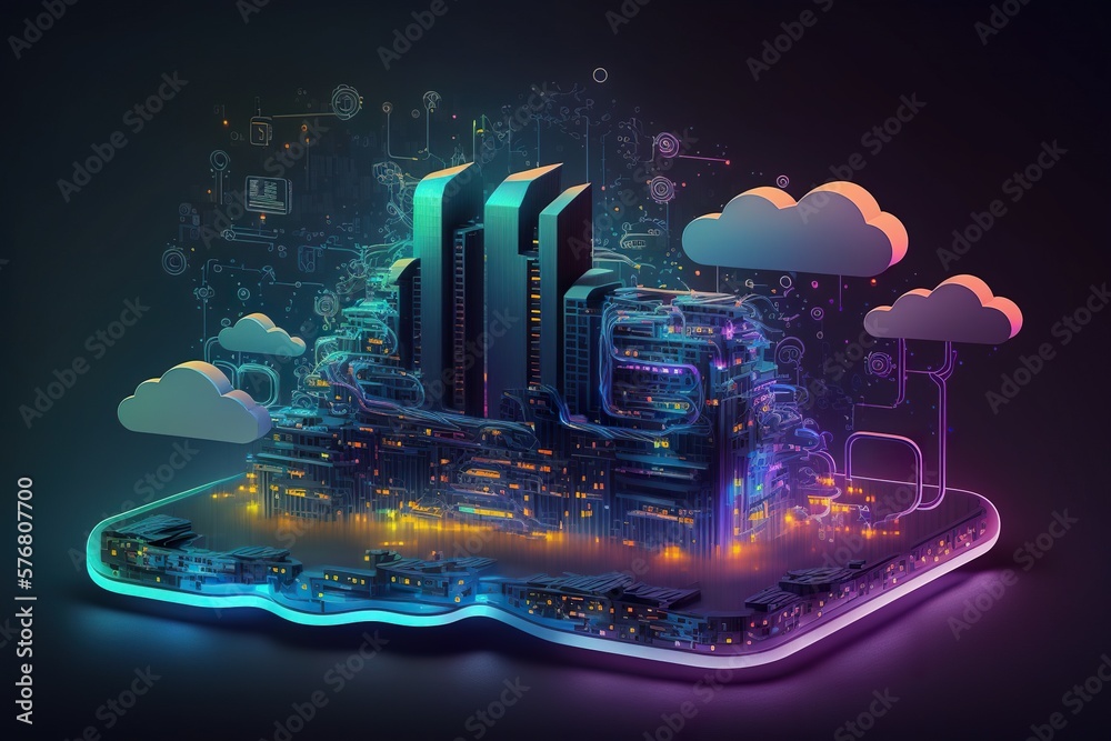 Cloud computing. Background illustration of a modern city with its networking and data storage ...