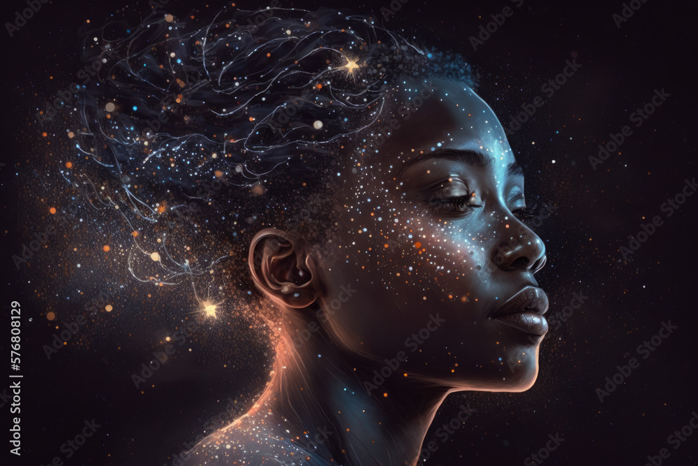 series of portrait showing a woman transforming into a constellation in ...