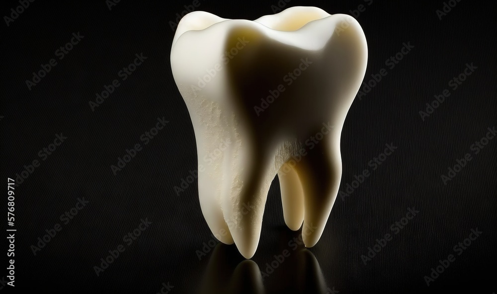 a tooth model on a black surface with a reflection on the floor of the ...