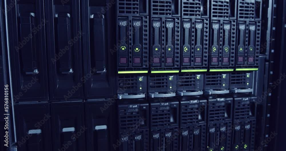 Dark server room in a modern data center. Powerful servers, looped ...
