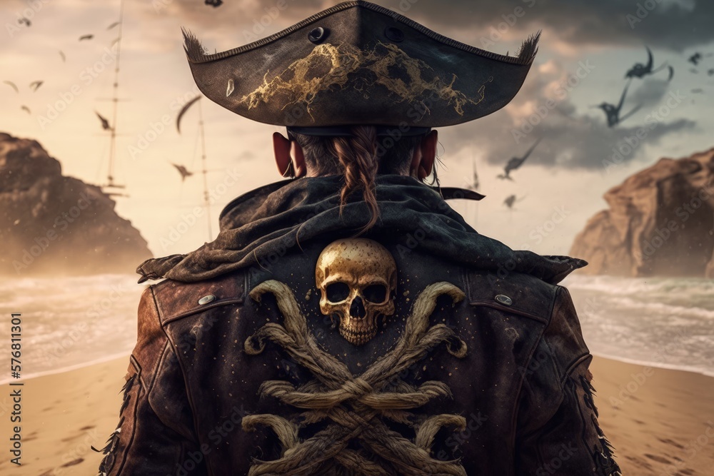 Pirate with his back on the beach sand. Pirate looking out to sea ...