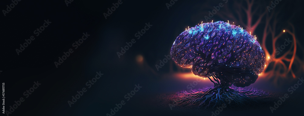 Cyber brain of Artificial Intelligence. Wires and circuit attached ...