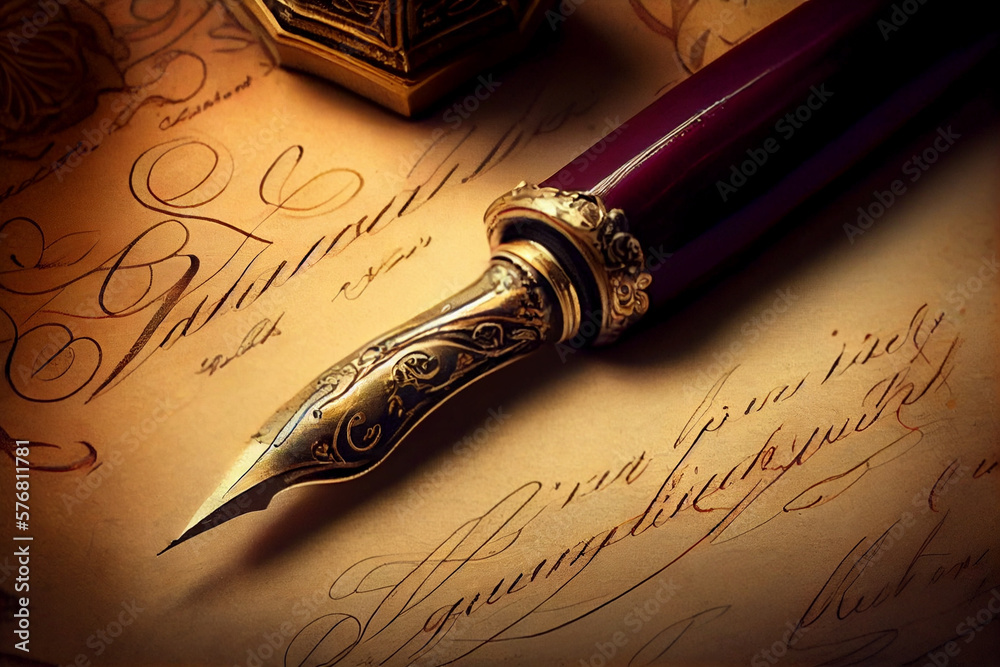 Fountain pen on an antique handwritten letter. Vintage nib pen and ...
