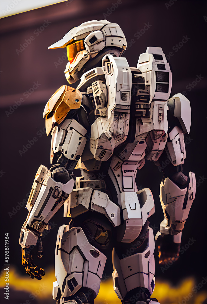 Full body halo spartan wearing white spacex mech suit generative ai ...