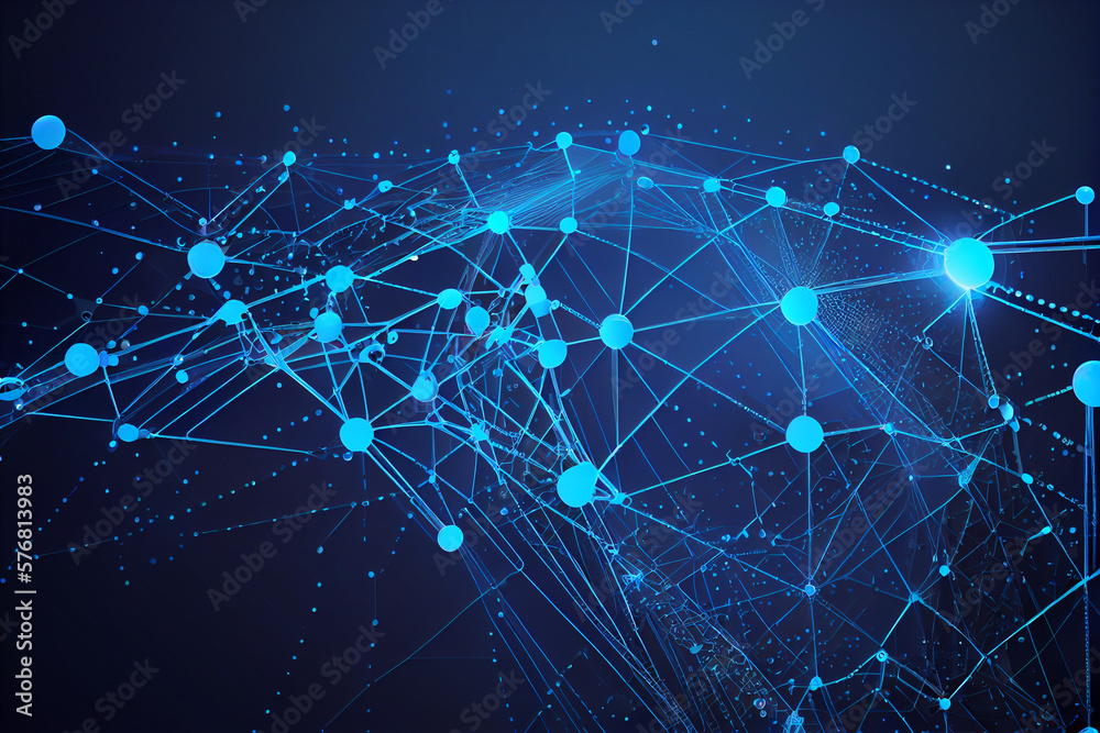 Blockchain network - Abstract connected dots on bright blue background ...