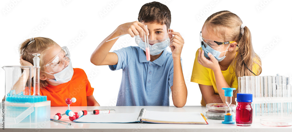 Kids in glasses pouring liquid into flask while conducting experiment ...