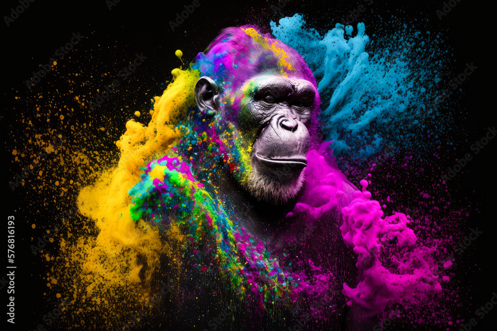 Chimpanzee colorful, festival of colors, powder explosion background ...