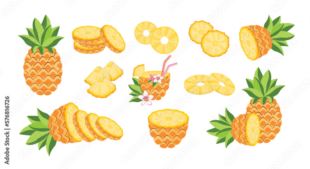 Set of ripe fresh pineapple, pieces and slices. Pineapple fruit, whole ...