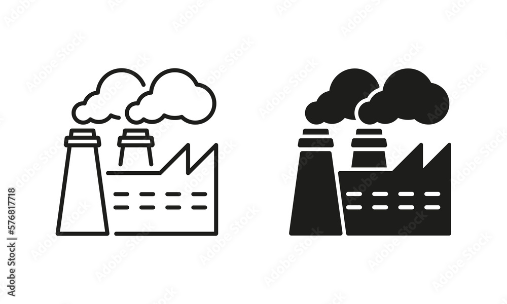 Power Station Electricity Energy Line and Silhouette Icon Set. Industry ...