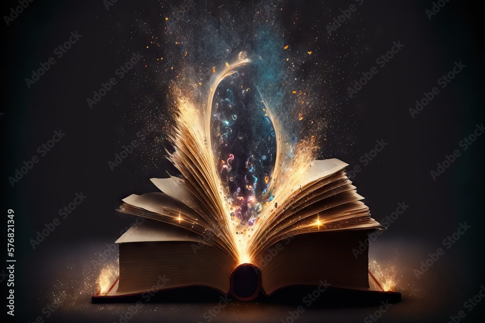 Colorful magical flow coming out of an opened book Magical story. Stock ...