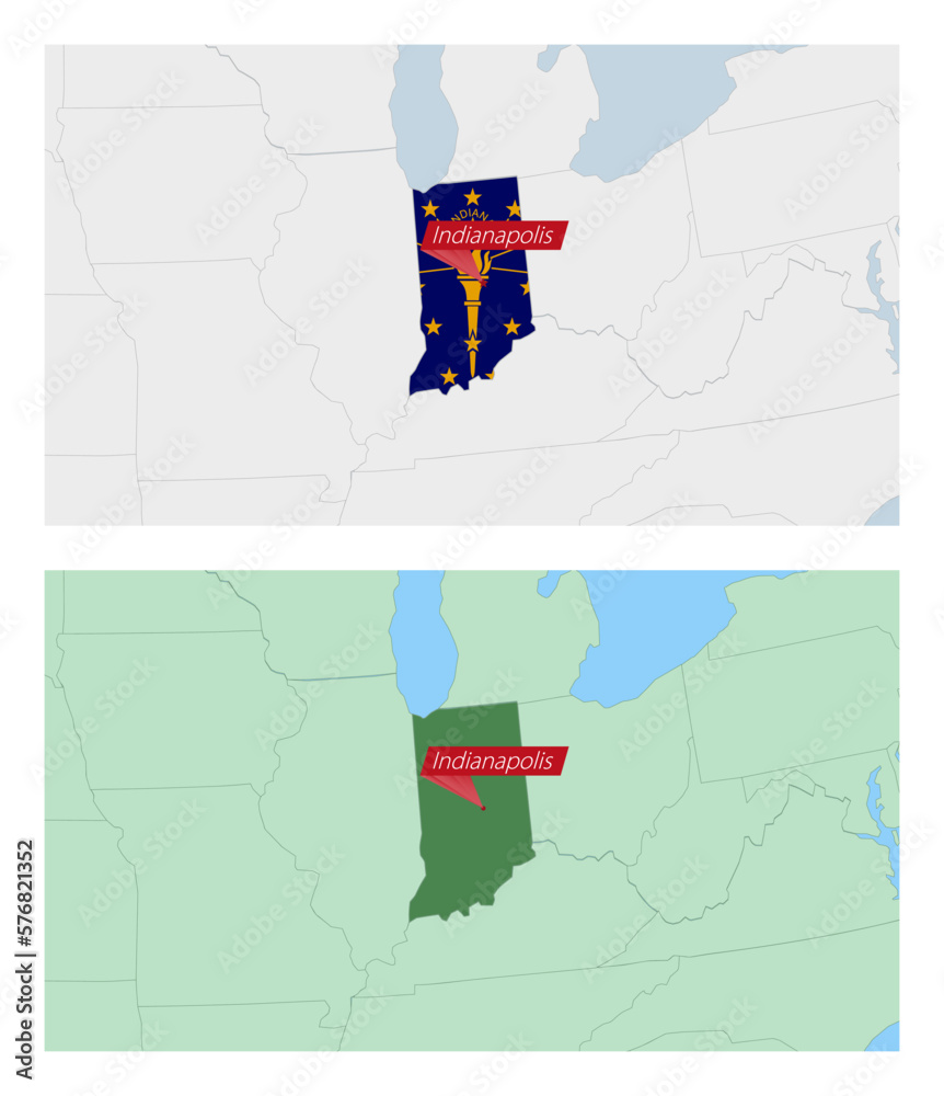 Indiana map with pin of country capital. Two types of Indiana map with ...