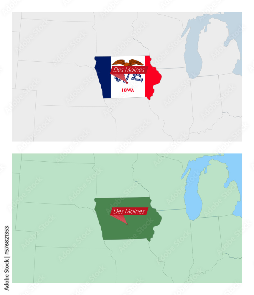 Iowa map with pin of country capital. Two types of Iowa map with ...