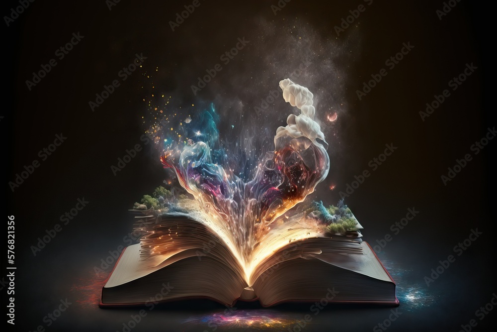 Colorful magical flow coming out of an opened book Magical story. Stock ...