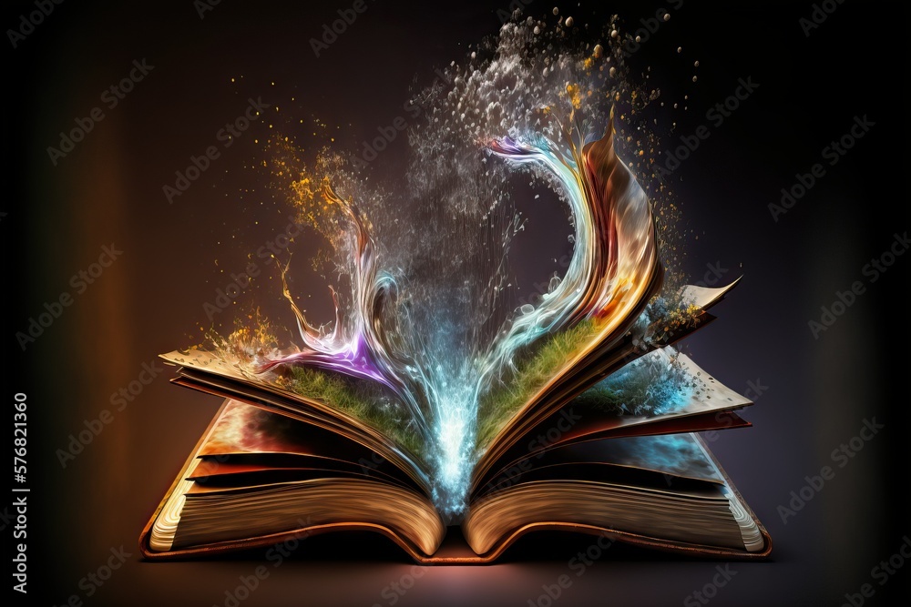 Colorful magical flow coming out of an opened book Magical story. Stock ...