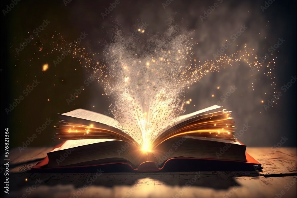 Colorful magical flow coming out of an opened book Magical story. Stock ...