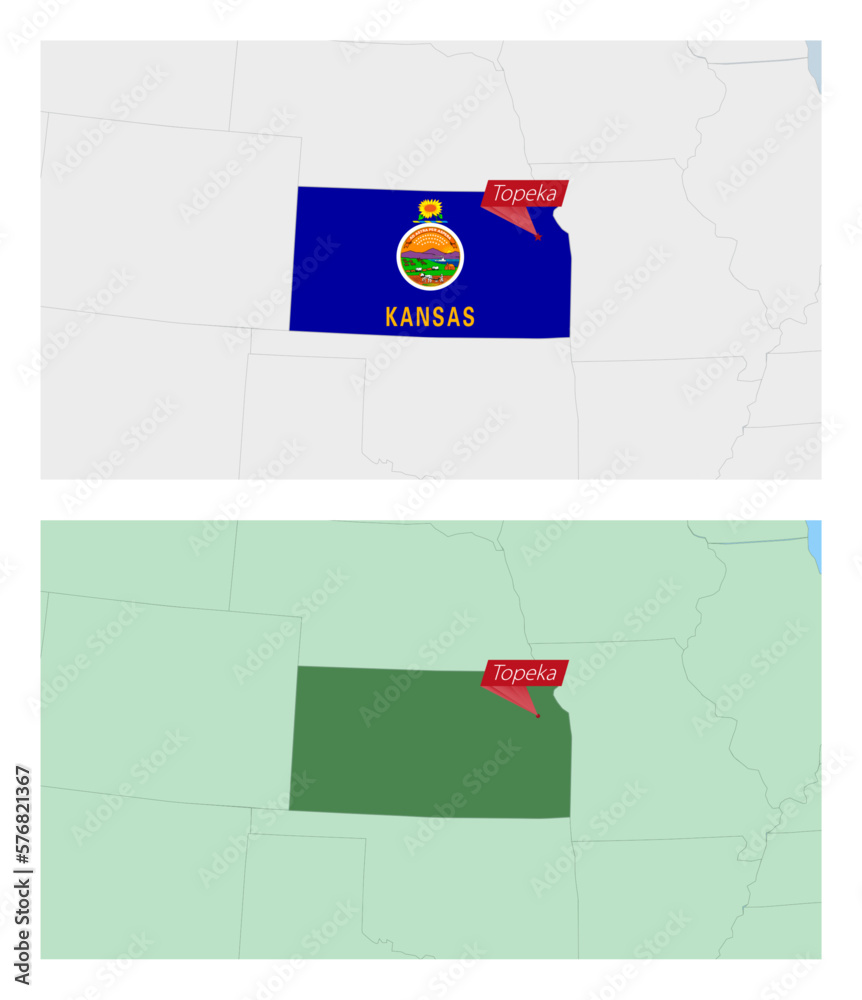 Kansas map with pin of country capital. Two types of Kansas map with ...