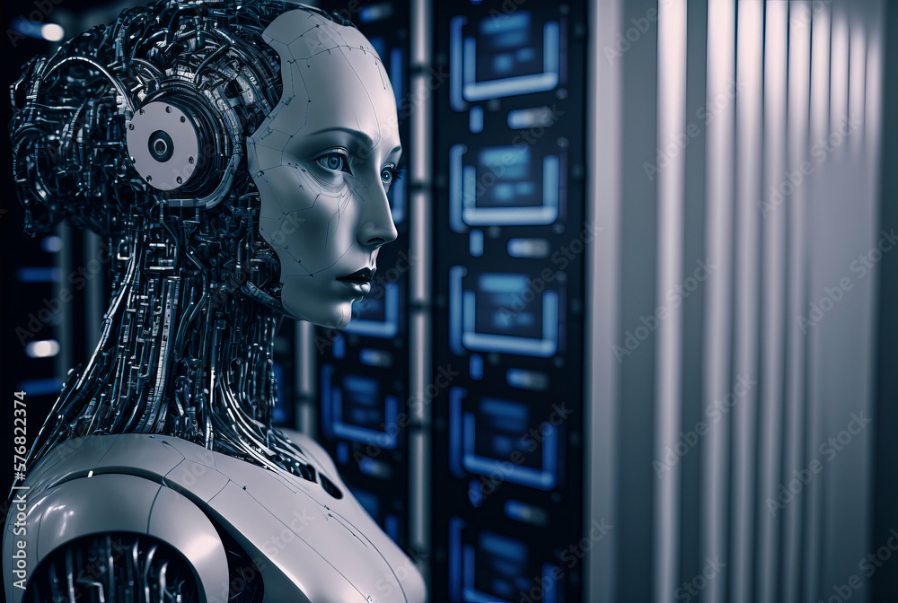 A human-like robot is composed of letters and phrases to create content ...