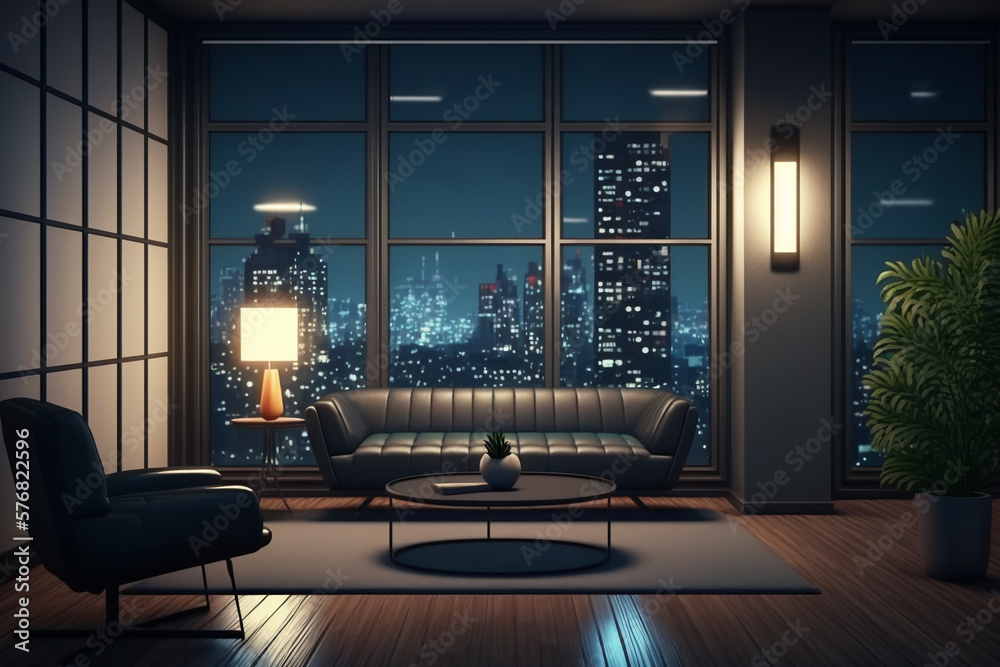 ภาพประกอบสต็อก Living room night city view out of glass windows. Modern ...