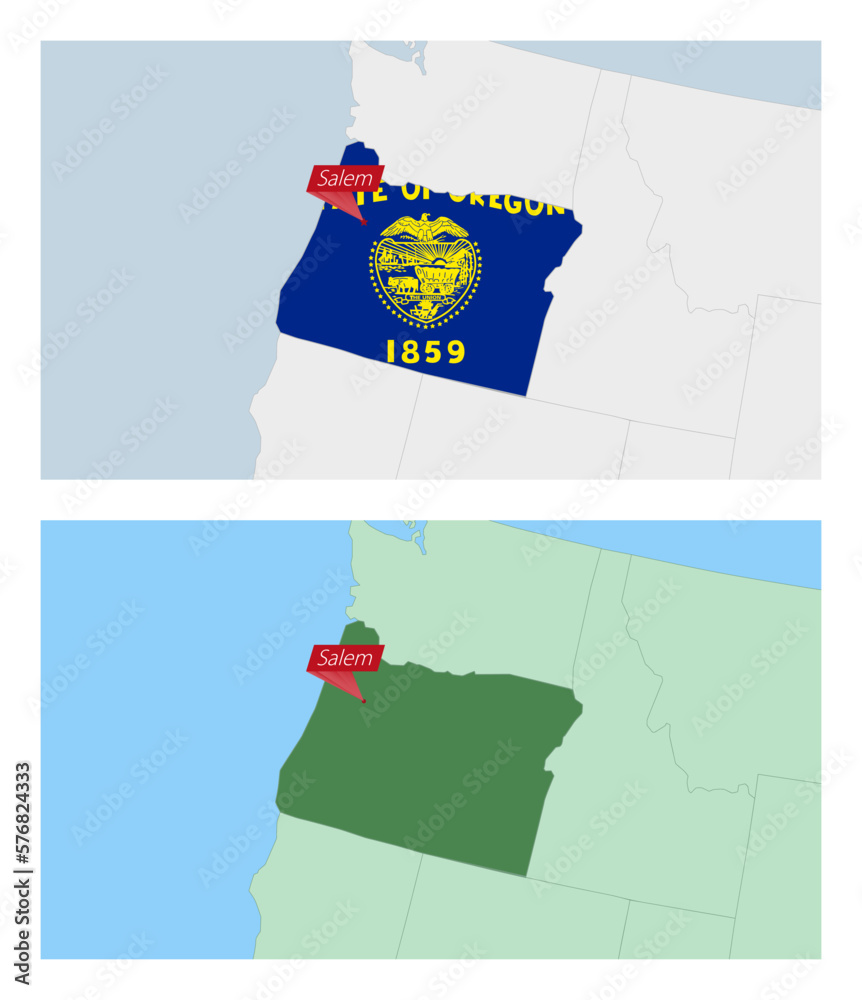 Oregon map with pin of country capital. Two types of Oregon map with ...