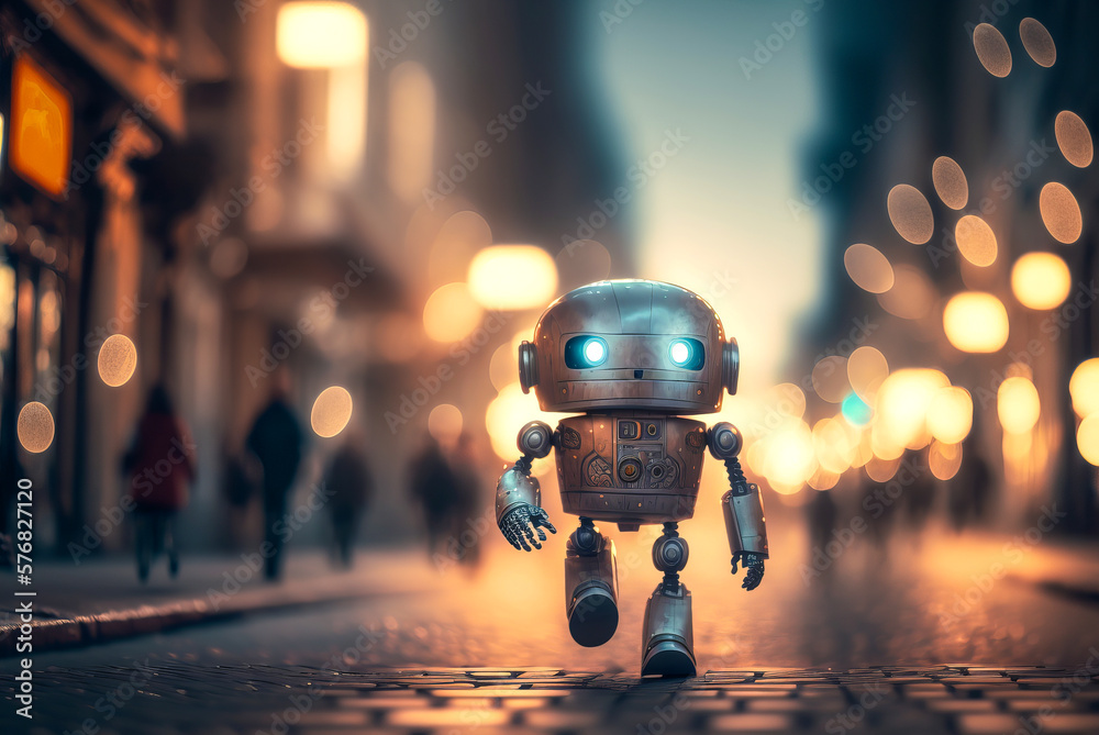 A robot running through the streets illuminated by the city lights. An ...
