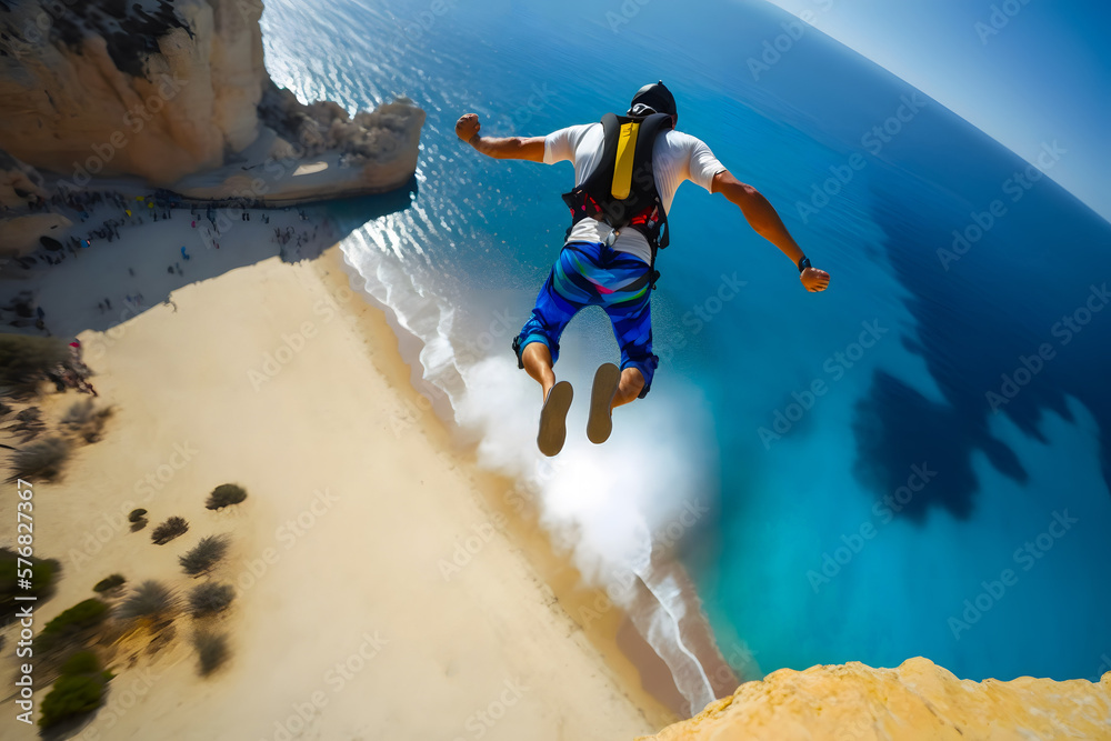 Extreme jumper jumps from cliff over the sandy beach on the sea coast ...