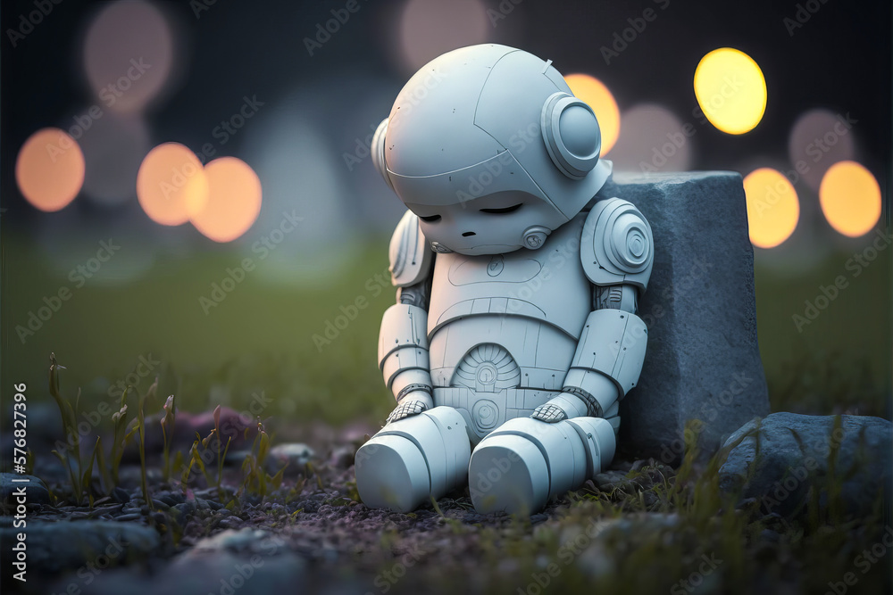 Robot Crying In A Cemetery Surrounded By An Intimate And Sad Scene The Mourning Of A Robot