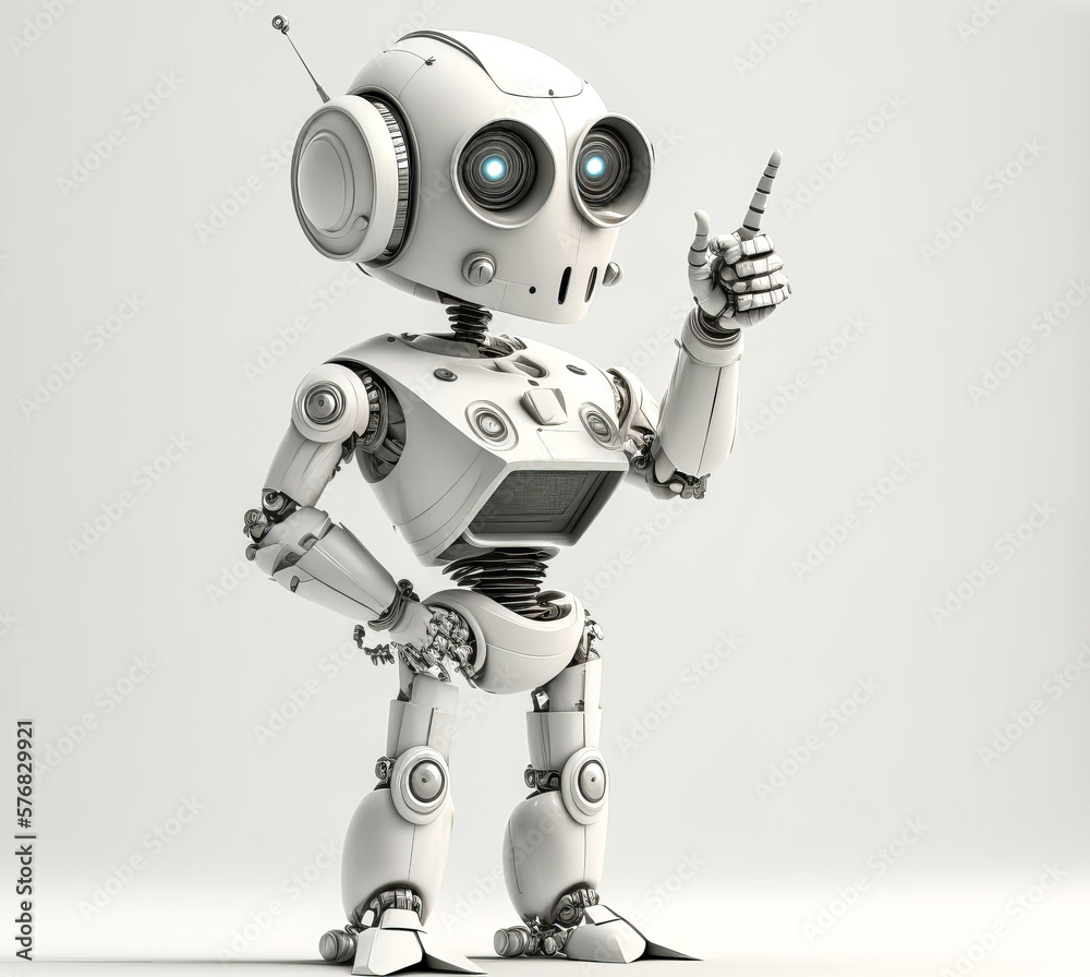 A white technological robot stands out on a white background while ...