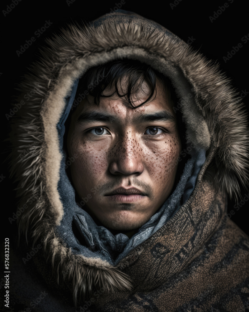 Indigenous people-Inuit Portrait with fur hood and black background ...