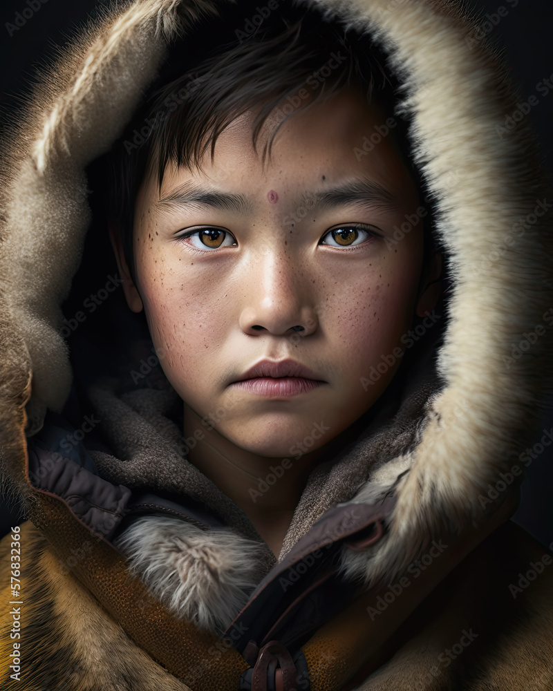 Indigenous people-Inuit Portrait with fur hood and black background ...