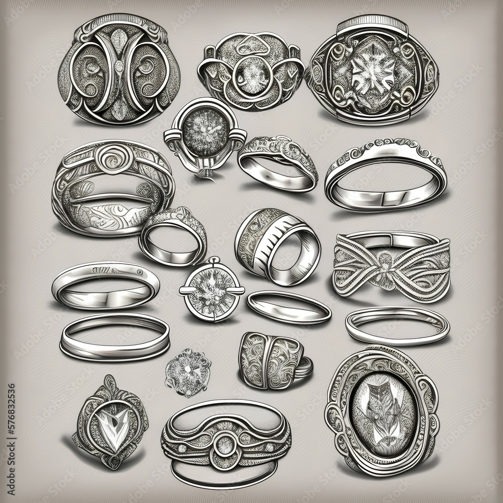 Vector hand drawn illustration of different wedding jewelry rings in ...