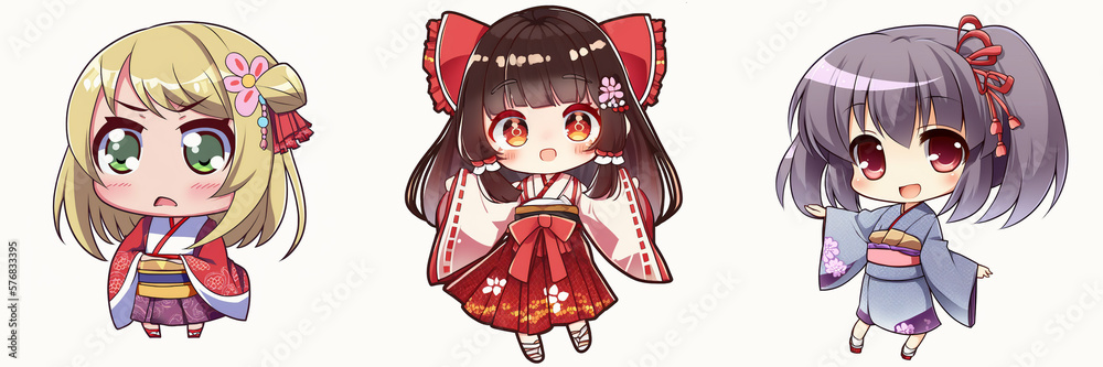 Japanese miko cute illustration set, three girls in miko costumes ...