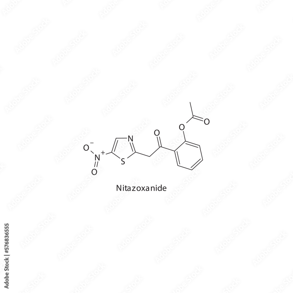 Nitazoxanide flat skeletal molecular structure Antiparasitic drug used ...