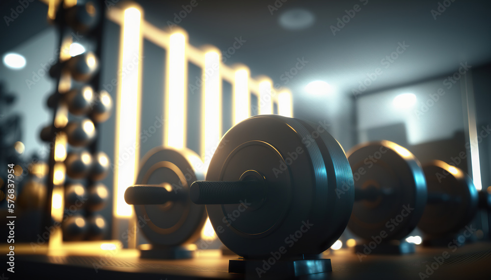 Defocused gym interior, physical exercise area background. 3D Realistic ...