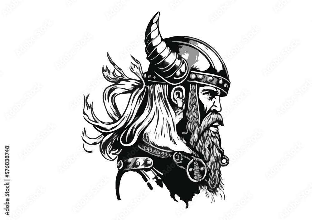 black and white vector portrait of a viking with viking helmet Stock ...