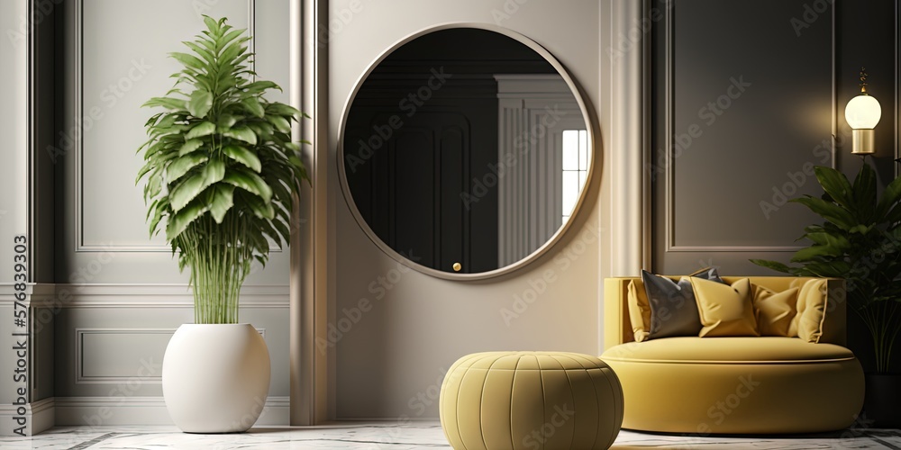 A modern lobby design featuring a round mirror, pouf, and plant ...