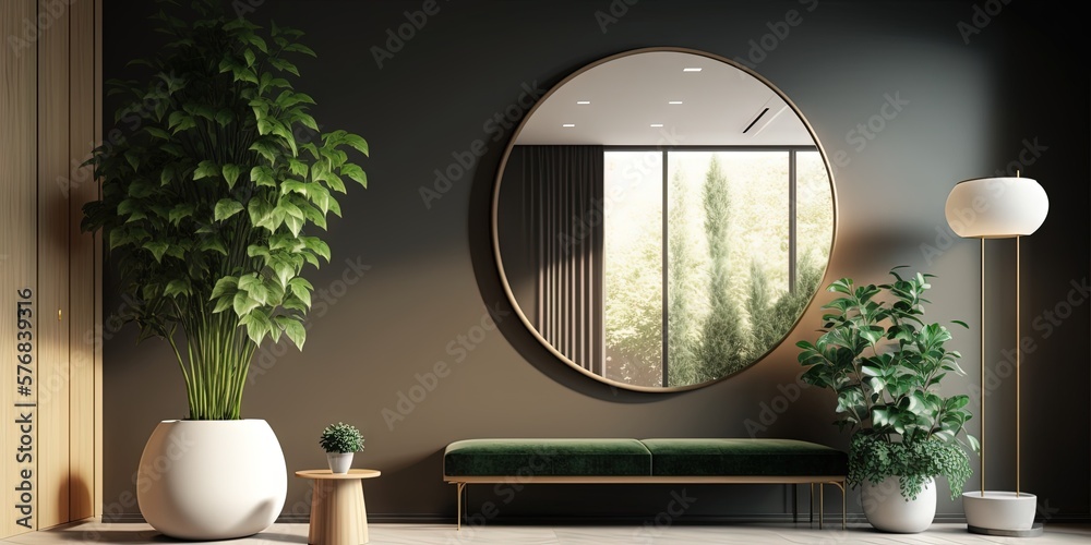 A modern lobby design featuring a round mirror, pouf, and plant ...