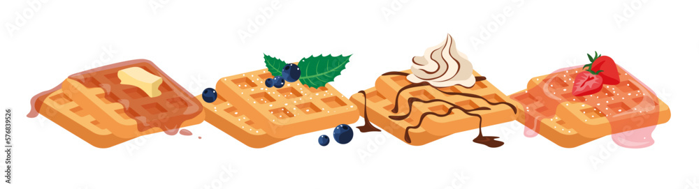 Vector illustration of delicious various waffles in cartoon style ...