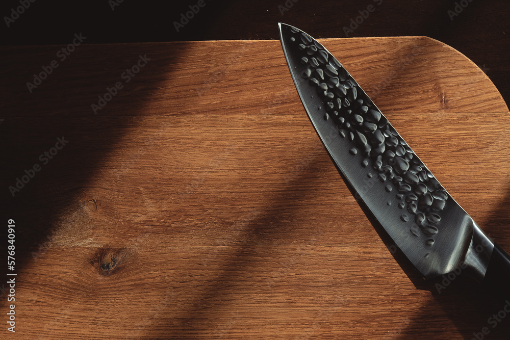 Knife blade. Japanese chef's knife. Background for the menu. Kitchen ...