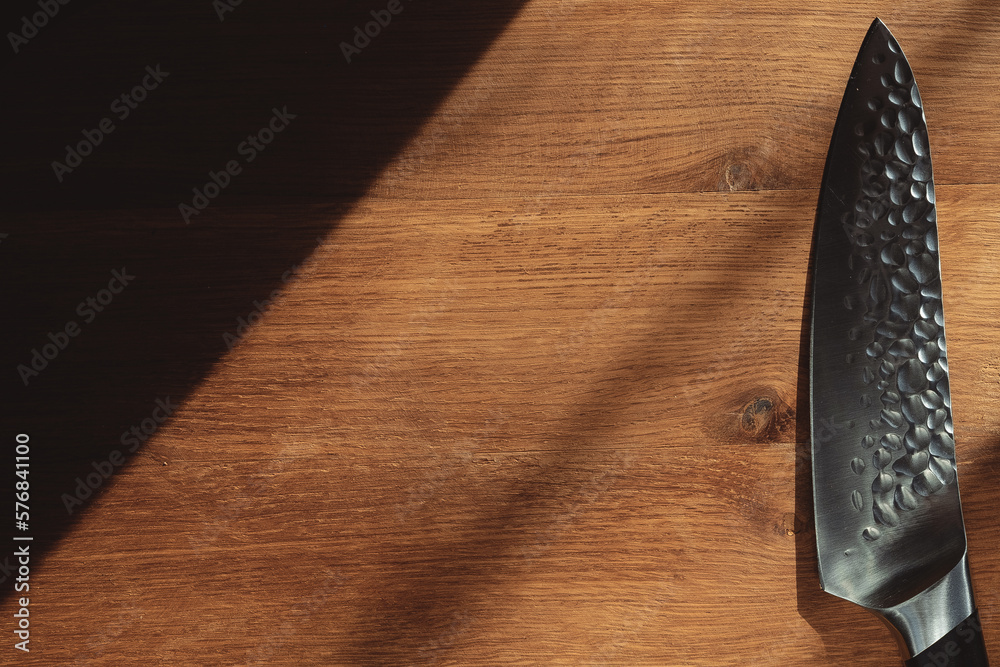 Knife blade. Japanese chef's knife. Background for the menu.Top view ...