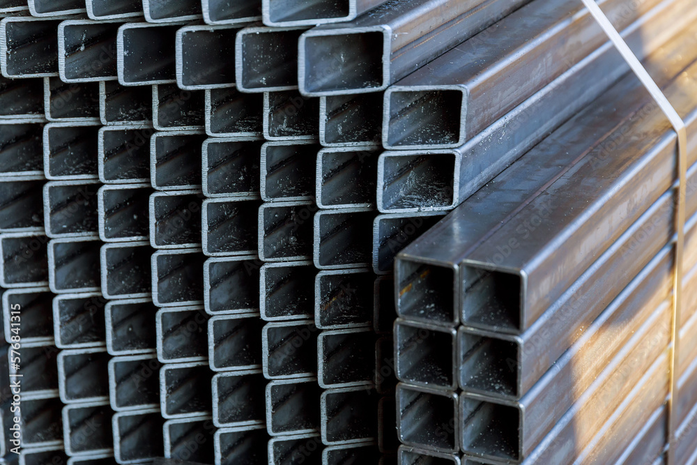 Metal profile pipe of rectangular cross section in packs at the ...